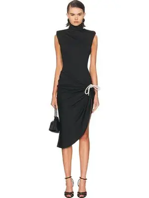 AREA Crystal Knot Draped Midi Dress - Black