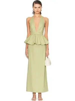 ADRIANA DEGREAS Solid Deep V Peplum Maxi Dress - Green