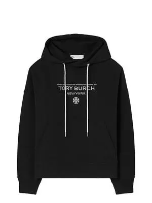 Tory Burch Cotton French Terry Relaxed Fit Hoodie - Black