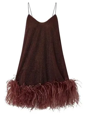 Oseree Lumière Feather-trimmed Mini Dress - Brown