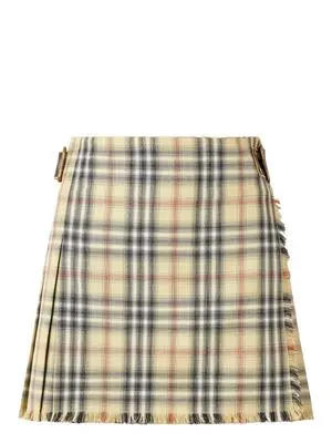Burberry Leather-trimmed Pleated Checked Wool Mini Skirt - Neutrals