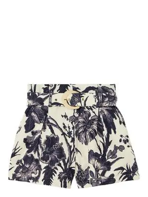 Cara Cara Palmer Belted Floral-print Linen Shorts - Blue
