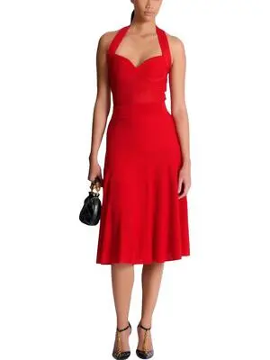 Balmain Halterneck Pleated Knit Midi Dress - Red