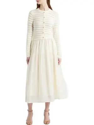 ZOE AND CLAIRE Mixed Media Long Sleeve Scallop Stitch Tiered Midi Dress - Ivory