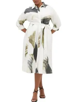 City Chic Belted Cotton Shirt Dress - Muse Ivory