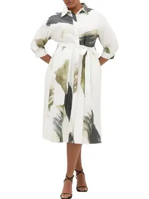 City Chic Belted Brushstroke Print Shirtdress - Muse Ivory