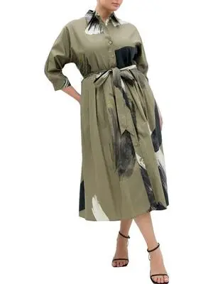 City Chic Belted Brushstroke Cotton Shirtdress - Khaki Muse