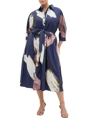 City Chic Belted Brushstroke Cotton Shirtdress - Navy Modern Muse
