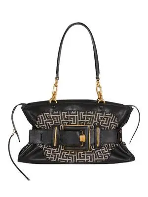 Balmain Leather And Monogram Jacquard Anthem Bag - Black