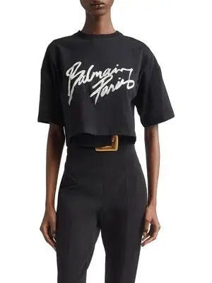 Balmain Paris Brush Print Crop T-shirt - Black/white