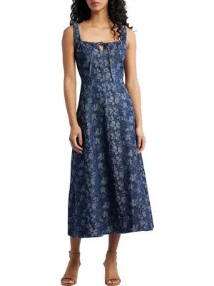 Moon River Floral Denim Midi Dress - Indigo