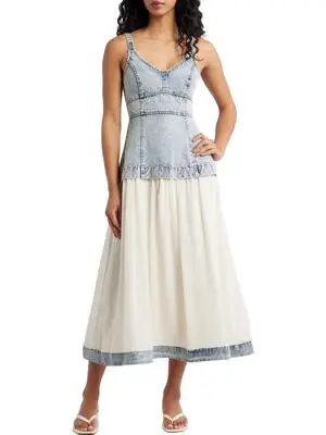 Moon River Sleeveless Mixed Media Denim Dress - Denim Blue