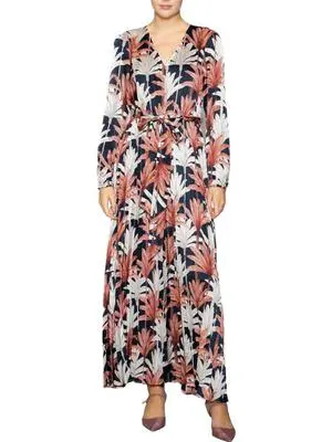 MELLODAY Botanical Pleated Maxi Dress With Tie Waist - Navy Multi Leaf
