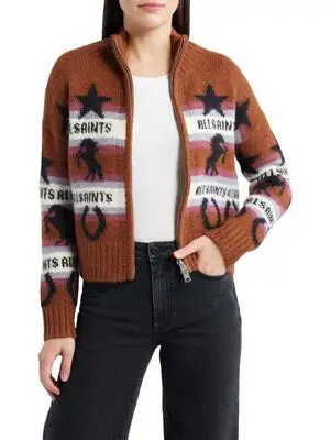 ALLSAINTS Epona Stripe Crop Jacquard Sweater - Cognac Brown