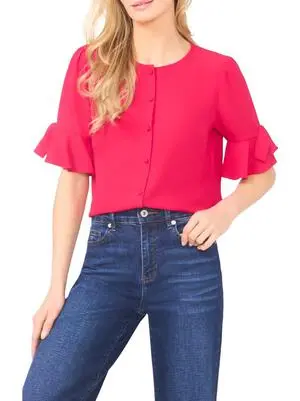 CECE DUPRAZ Bow Sleeve Button-Up Top Rose Cerise