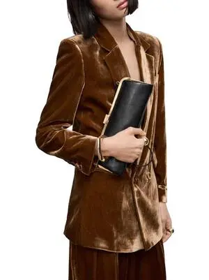 Mango Double-breasted Velvet Blazer - Caramel