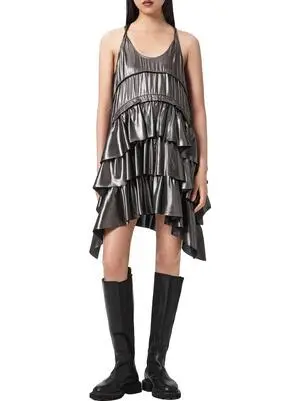 ALLSAINTS Ruffle Racerback Tank Dress - Metallic Silver