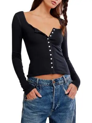 Free People Pointelle Button-front Top - Black