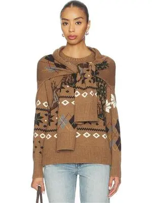 Monse Fair Isle Crewneck Sweater With Scarf - Khaki