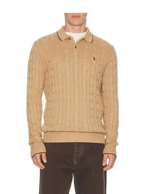 Polo Ralph Lauren 2 Button Placket Tipping Polo Sweater In Brown - Camel Melange