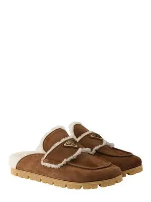 Prada Suede And Shearling Mules - Brown