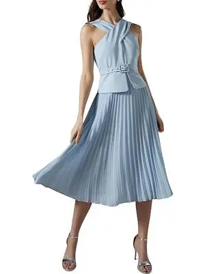 Coast Cross Over Pleated Midi Dress - Light Blue