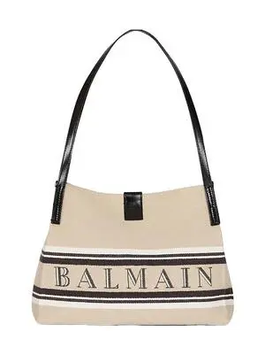 Balmain Small Release Shopper Bag In Canvas And Calfskin - Beige