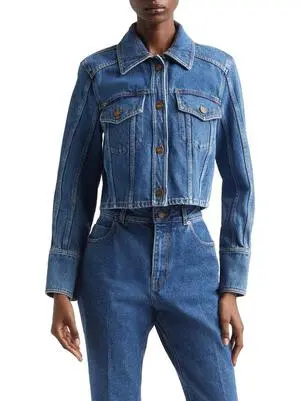 Balmain Crop Denim Trucker Jacket - 6ex Bleu Jean Dark