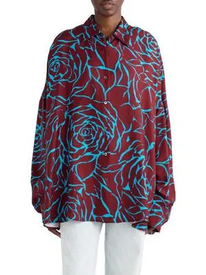 Dries Van Noten Casia Giant Couture Rose Print Satin Shirt - Burgundy