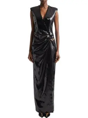 BALMAIN Sequin Draped Dress With Chain Detail