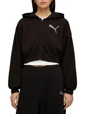 PUMA Essentials Bedazzled Rhinestone Embellished Cropped Graphic Hoodie - Puma Black