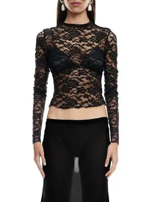 Lioness Hampton Floral Lace Long Sleeve Top - Noir