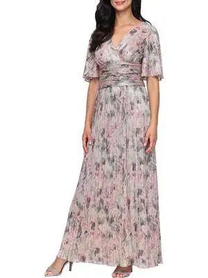 SL FASHIONS Metallic Floral Print Gown - Beige Multi