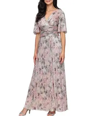 SL FASHIONS Metallic Floral Print Bodre Maxi Dress - Beige Multi