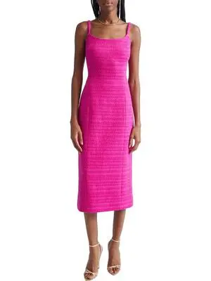 St. John Cotton Blend Tweed Sheath Midi Dress - Hot Pink