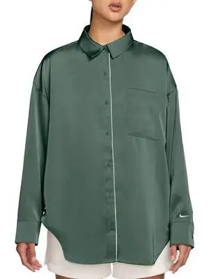 Nike Oversize Satin Button-Up Top Fir/sail