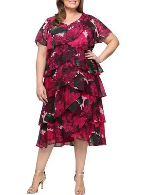 SL FASHIONS Floral Print Ruffled Chiffon Midi Dress - Pink Multi