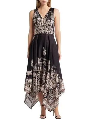 Vince Camuto Placed Scarf Print Handkerchief Hem Dress - Black Multi