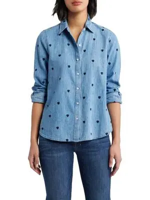 CASLON Heart Embroidered Cotton Chambray Button-Up Shirt