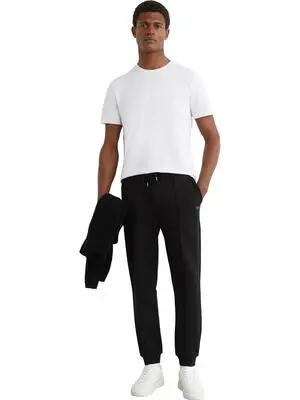 REISS Barnes Premium Interlock Cuffed Logo Joggers Black