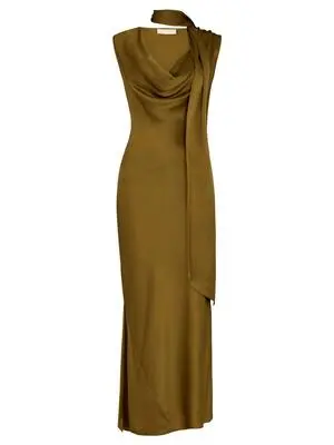 DE LA VALI Thebe Draped Satin Midi Dress - Olive