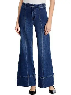 Aqua Belted Seamed High Rise Wide Leg Jeans - Indigo