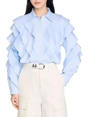 Sandro Flamenco Ruffled Shirt - Sky Blue