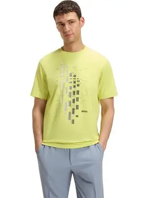 BOSS Geometric-print T-shirt In Stretch Cotton - Light Green