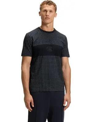 BOSS Check-print T-shirt In Pima Cotton - Dark Blue