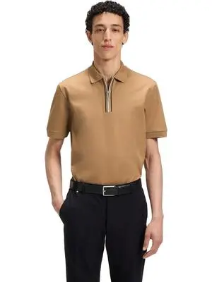 BOSS Zip-placket Polo Shirt In Mercerised Cotton - Beige