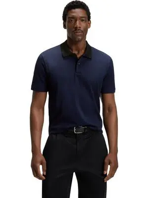 BOSS Geometric-jacquard Polo Shirt In Mercerised Cotton - Dark Blue
