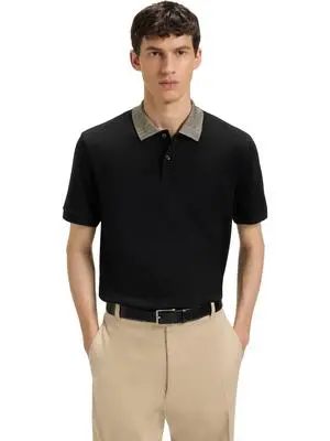 BOSS Patterned-collar Polo Shirt In Pima Cotton - Black