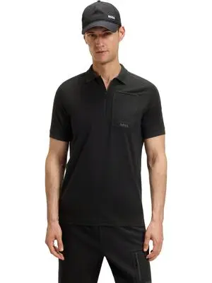 BOSS Zip-neck Polo Shirt In Moisture-wicking Fabric - Black