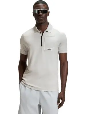 BOSS Zip-neck Polo Shirt In Moisture-wicking Fabric - Light Grey